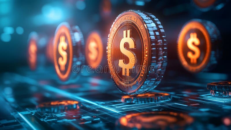 Digital Coins with Dollar Symbols on Circuit Board Stock Illustration ...