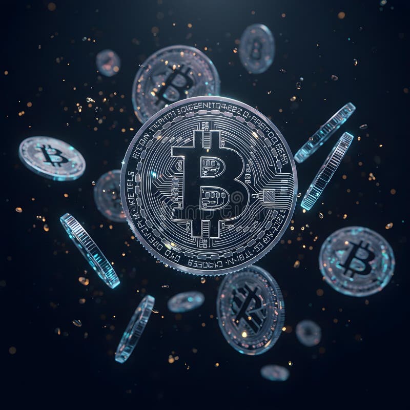 Floating Bitcoin and Digital Currency in a Virtual Space. Generative AI ...