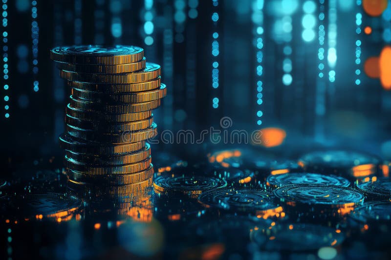 Digital Coins Stack with Glowing Elements Representing Cryptocurrency ...