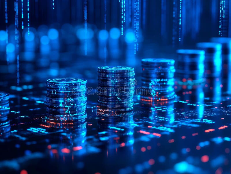 Digital Coins Stacked on Glowing Surface, Representing Economic Growth ...