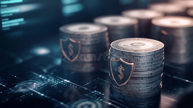 Digital Coins Stacked with Security Symbols, Representing Finance and ...