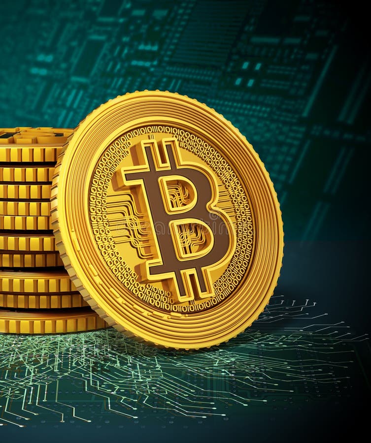 Digital Coins Standing on Green PCB. 3D Illustration Stock Illustration ...