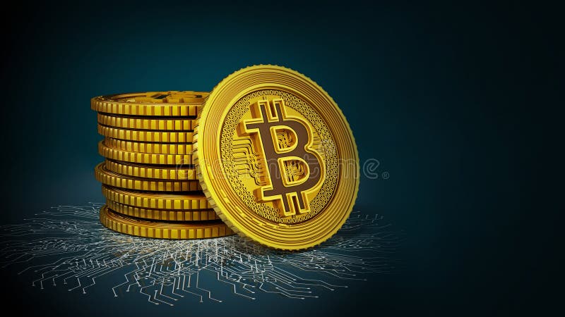 Digital Coins Standing on Green PCB. 3D Illustration Stock Illustration ...