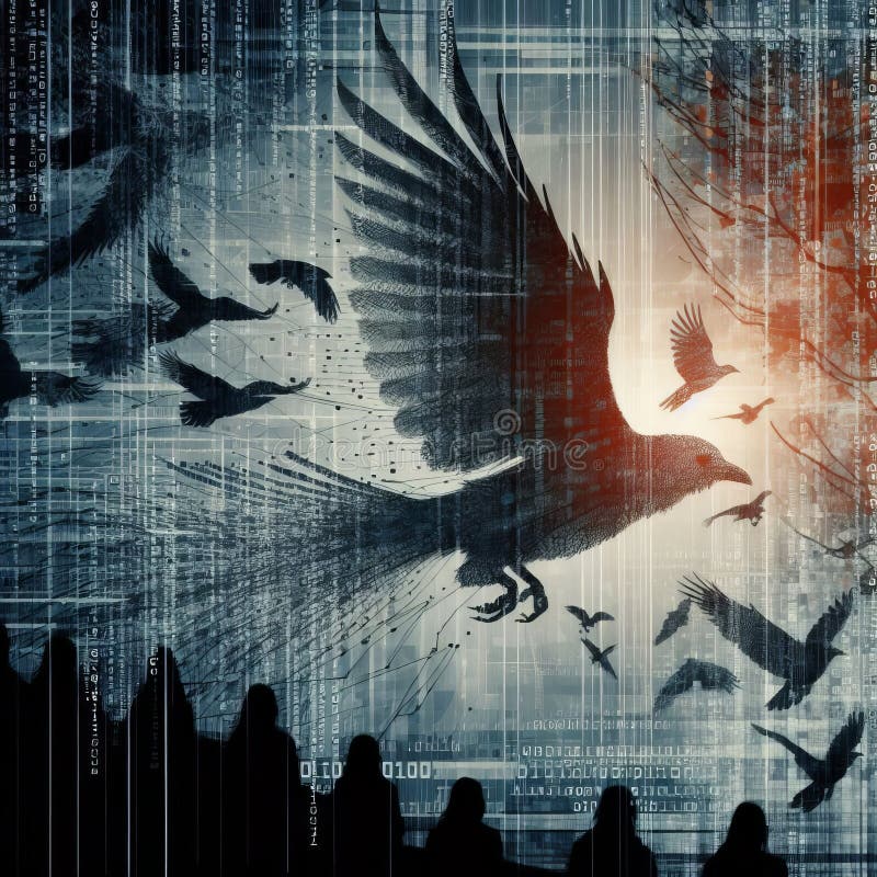 Digital Collage of Bird Silhouettes and Matrix Elements Layered Stock ...