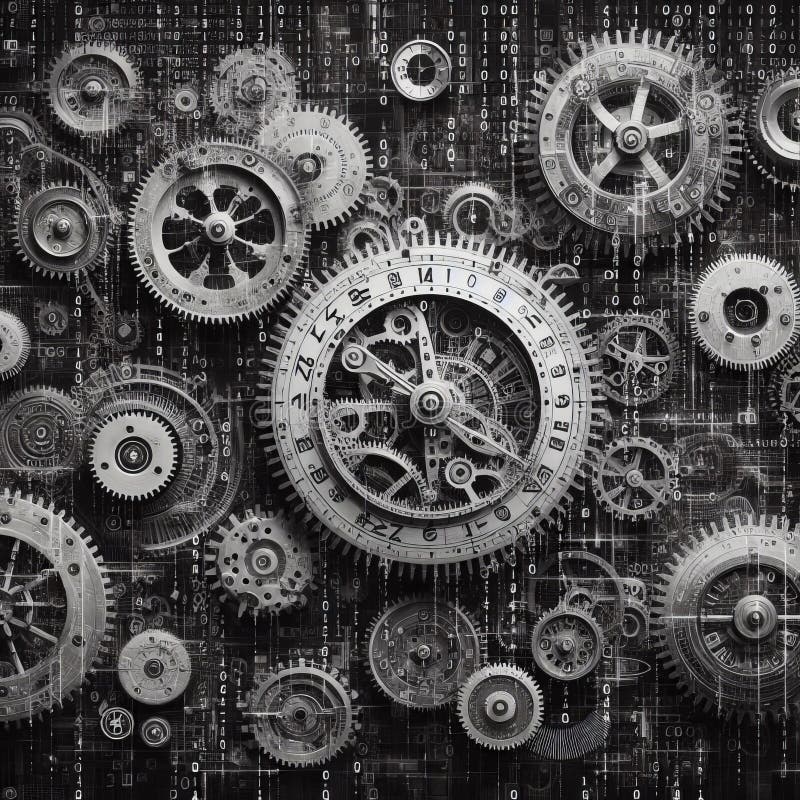 Digital Collage of Clock Gears with Matrix Code a Composition of Stock ...