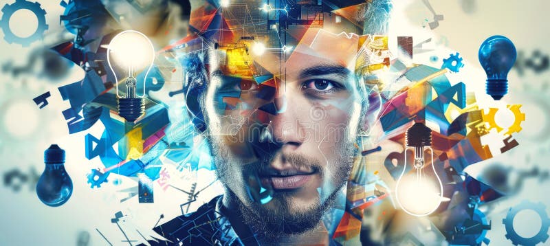 A Digital Collage Featuring a Mans Face, Surrounded by Abstract Shapes ...