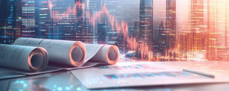 Digital Collage of Financial Charts and Graphs with Documents in Modern ...