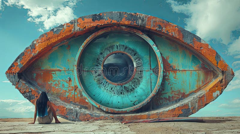 Digital Collage with Old Rusty Eye and Woman Sit Stock Illustration ...