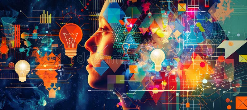 A Digital Collage with a Persons Profile Surrounded by Shapes ...