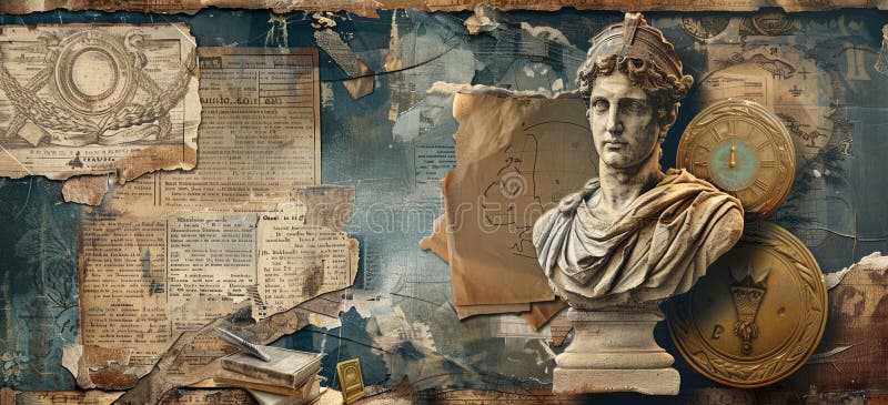 A Digital Collage of a Statue of a Roman Emperor with a Blue Background ...