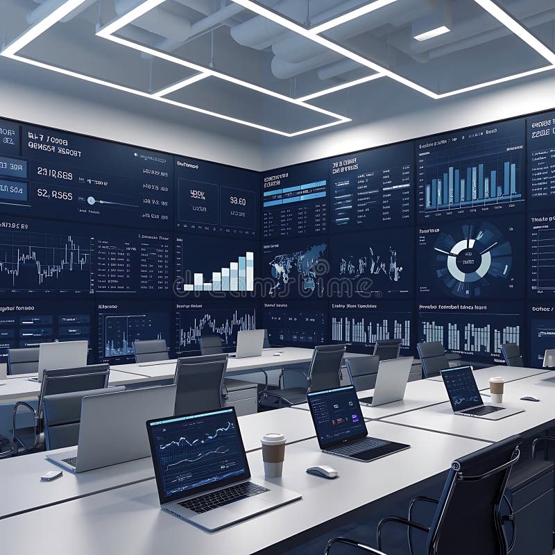 High-Tech Control Room with Data Dashboards, Global Analytics, and AI Integration. Stock ...