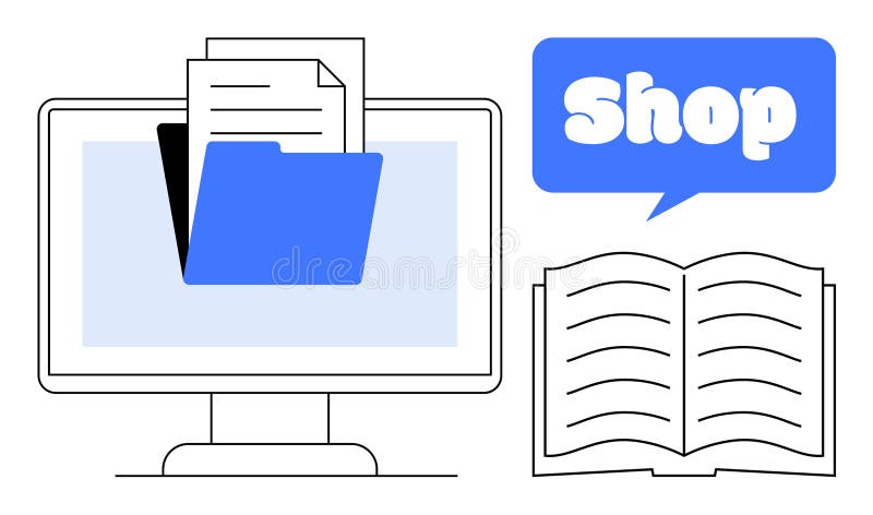 Digital Command Center Featuring Computer, Folder, Shop Sign, and Open ...