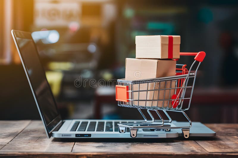 Digital Commerce Integration Shopping Cart and Boxes on Laptop Stock ... Digital Commerce Integration Shopping Cart and Boxes on Laptop Stock ...