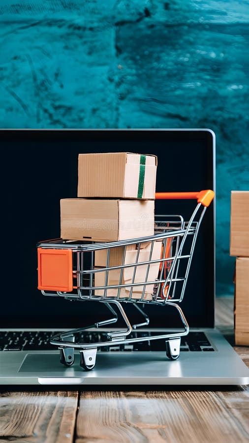 Digital Commerce Integration Shopping Cart and Boxes on Laptop Stock ... Digital Commerce Integration Shopping Cart and Boxes on Laptop Stock ...