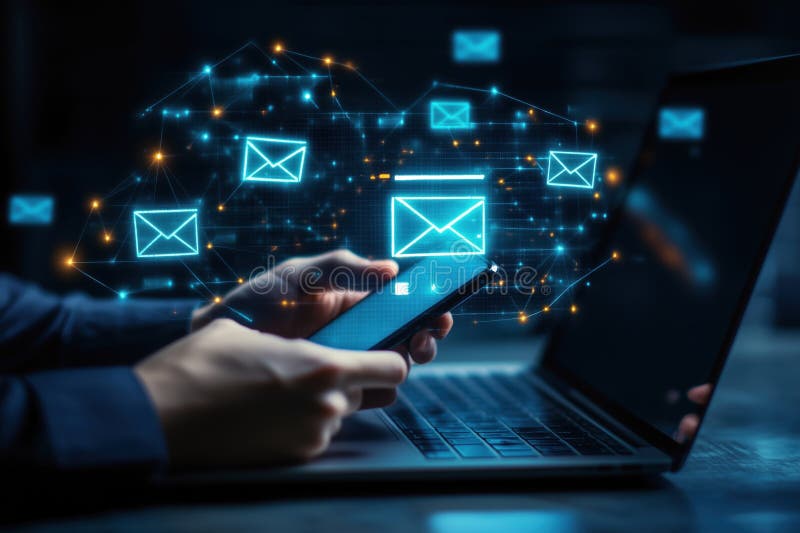 Digital Communication Concept with Emails, Smartphone, Laptop, Glowing ...