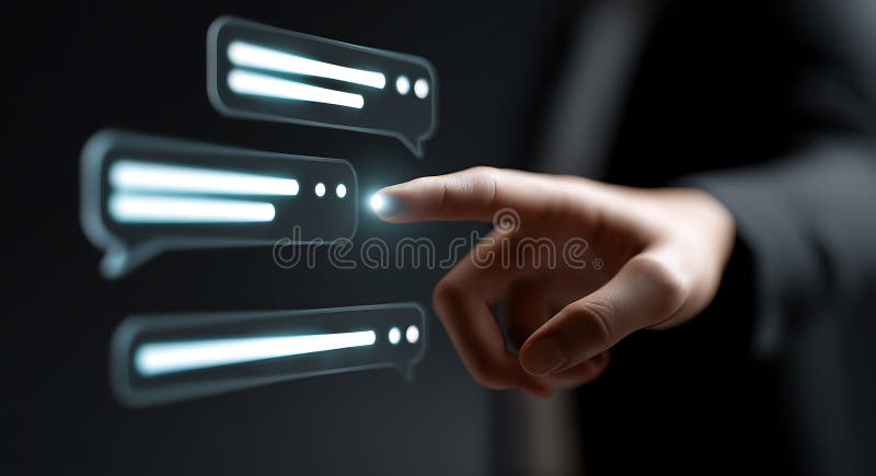 Digital Communication Concept Human Finger Tapping on Glowing Speech ...
