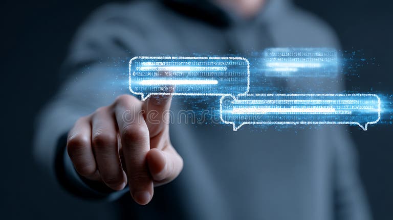 Digital Communication Concept Person Interacting with Floating Chat ...