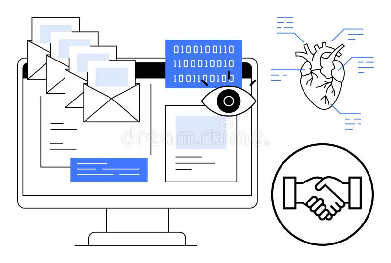 Digital Communication and Data Security Concept with Emails, Binary Code, and Technology Symbols ...