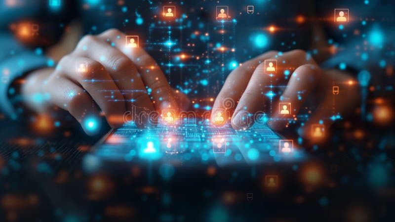 Digital Communication: Hands, Phone, Holographic Contacts Stock ...