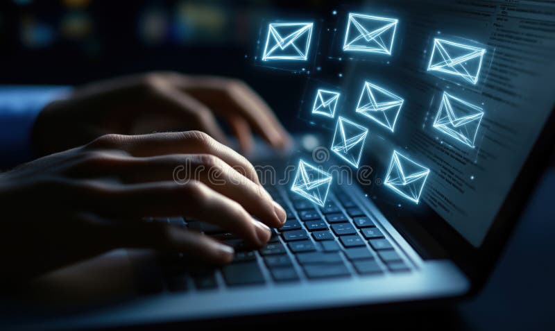 Digital Communication Hands Typing Laptop Floating Email Icons Stock ...