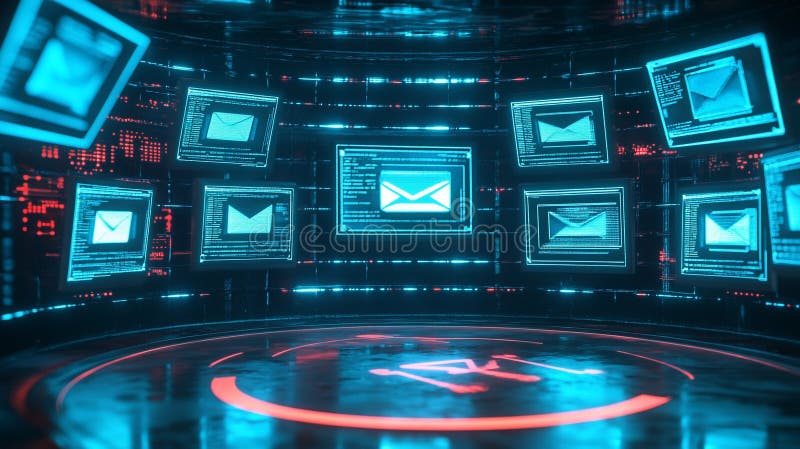 Digital Communication Hub with Glowing Screens Displaying Email ...