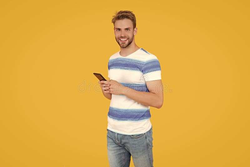 Digital Communication of Positive Man with Phone. Man Uses Phone To ...