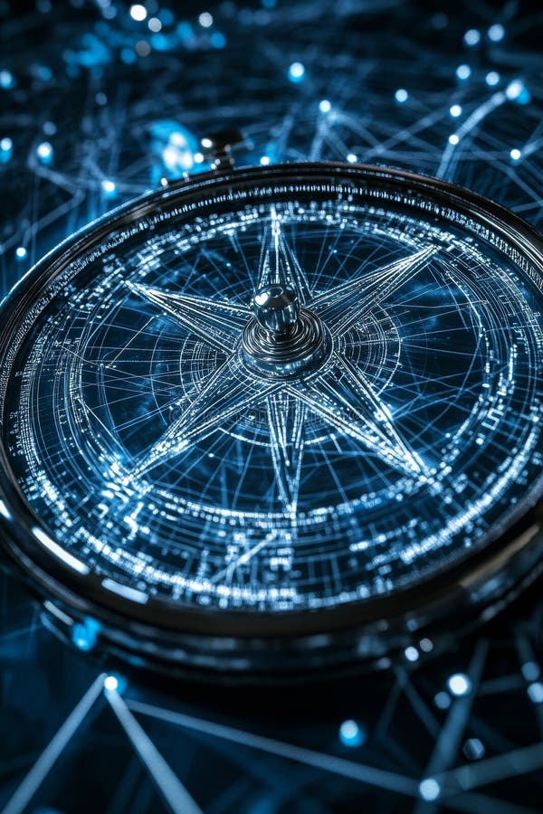 Digital Compass Navigation Glowing Data Points and Lines on Blue ...