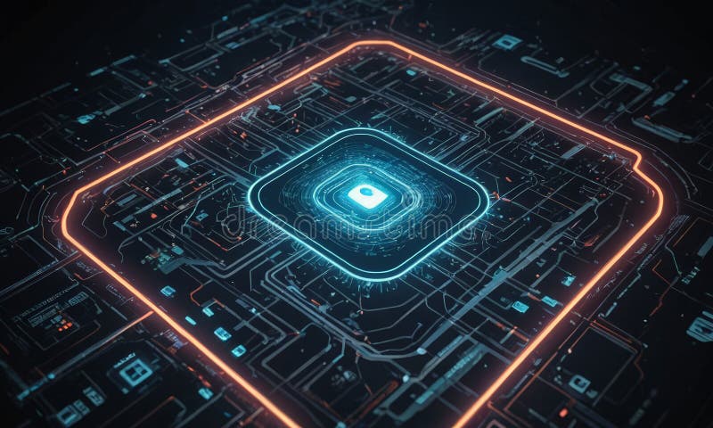 Digital Complex Circuit Board with Central Square Containing Glowing ...
