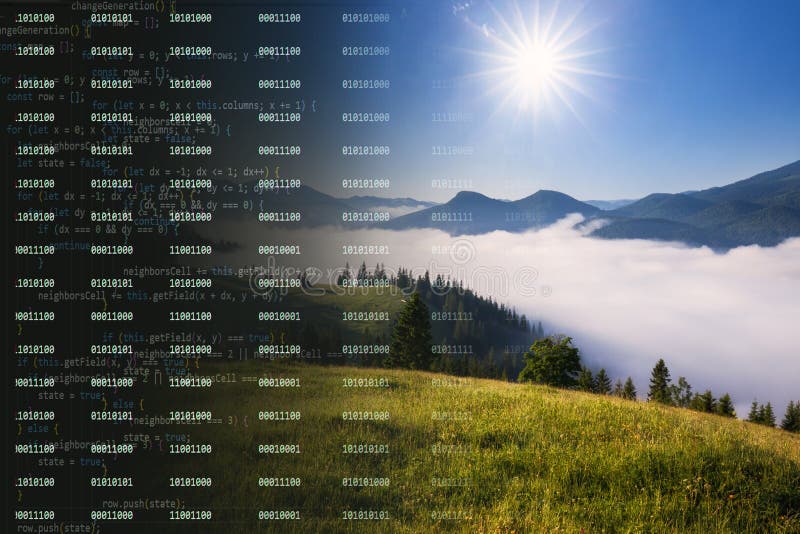 Digital Composite of Binary Code Creating Alpine Mountain Landscape ...