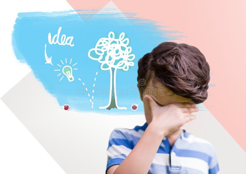 Boy Thinking Hard with Colorful Idea Graphics Stock Photo - Image of ...