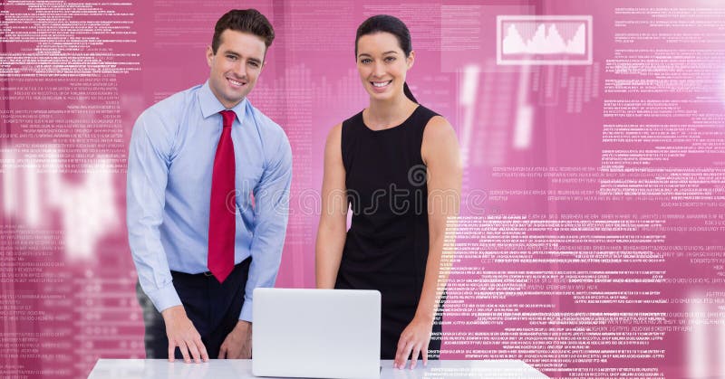 Business People Working on Laptop with Screen Text Interface Stock ...