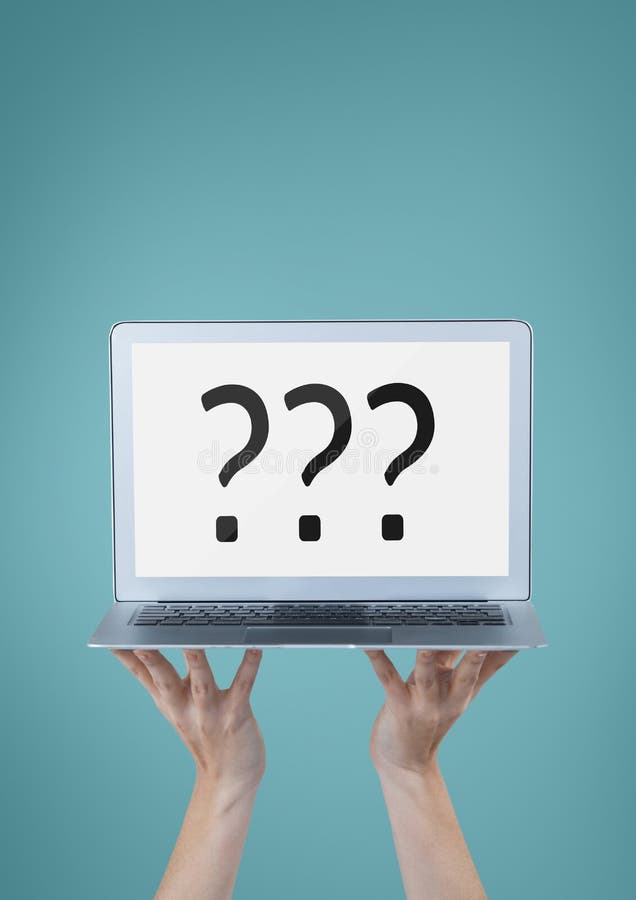 Business Woman Holding A Computer With Question Marks Text Stock Image ...