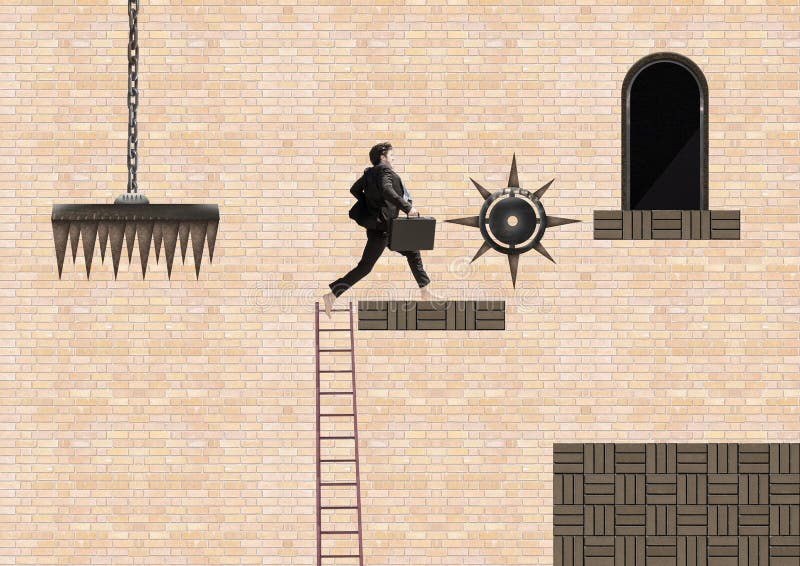Businessman in Computer Game Level with Traps and Ladder Stock ...