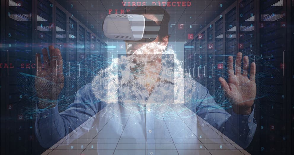 Digital Composite of Businessman Using VR in Server Room Against ...