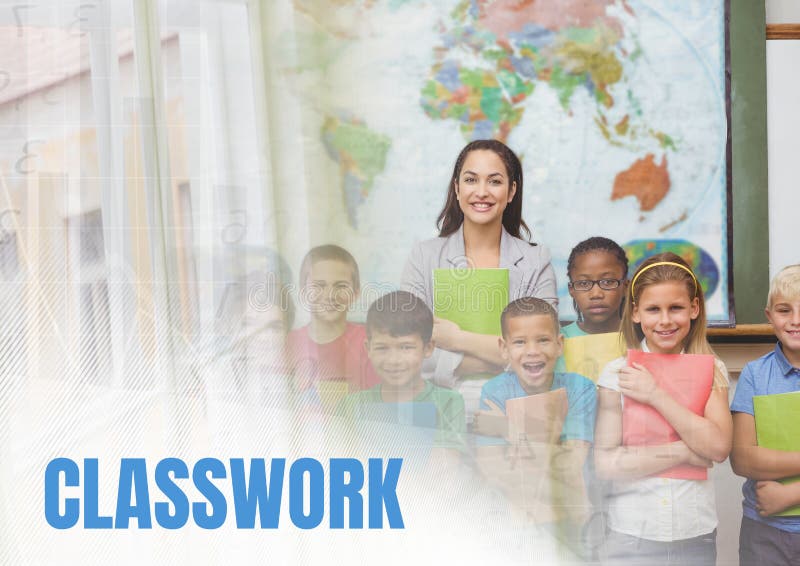 Classwork Text and Elementary School Teacher with Class Stock Image ...