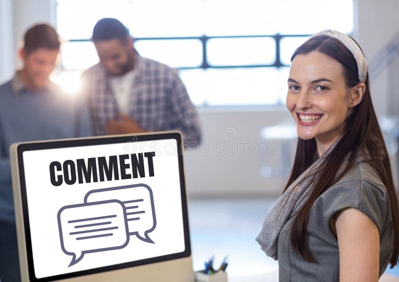 Comment Text and Chat Graphic on Computer Screen with Woman Stock Photo ...