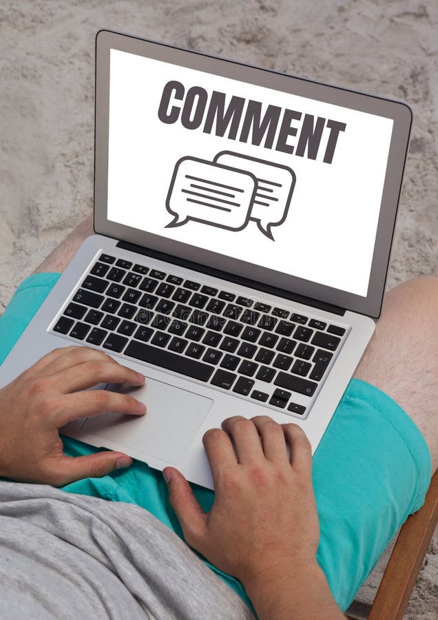 Comment Text and Chat Graphic on Laptop Screen with Hands Stock Photo ...