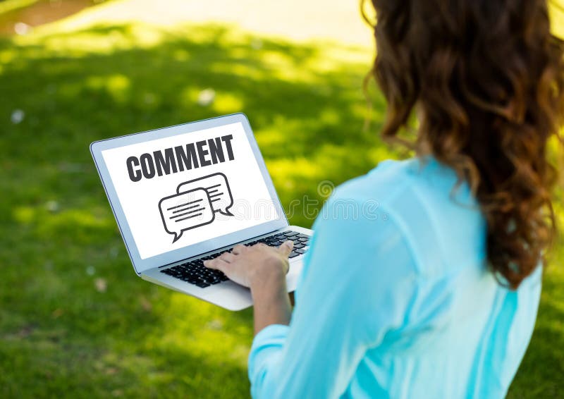 Comment Text and Chat Graphic on Laptop Screen with Woman Stock Image ...