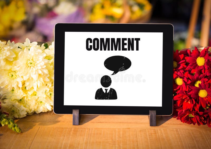 Comment Text and Chat Graphic on Tablet Screen with Flowers Stock Image ...