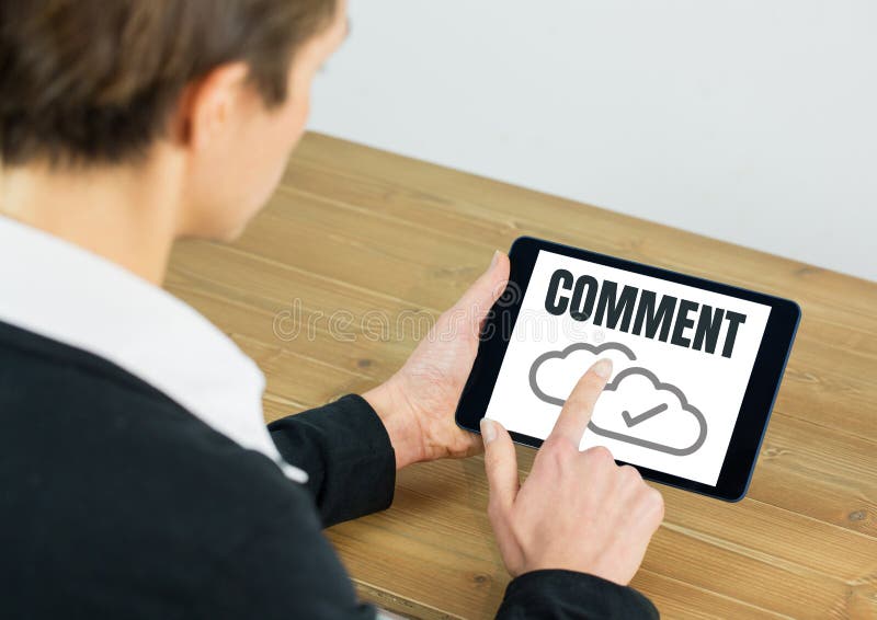 Comment Text and Cloud Tick Graphic on Tablet Screen with Hands Stock ...