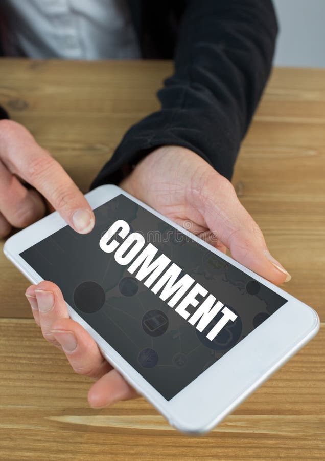 Comment Text and Graphic on Phone Screen with Hands Stock Photo - Image ...