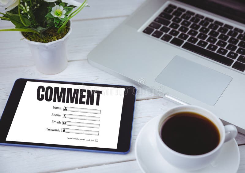 Comment Text and Cartoon Mouth Graphic on Tablet Screen with Girl Stock ...