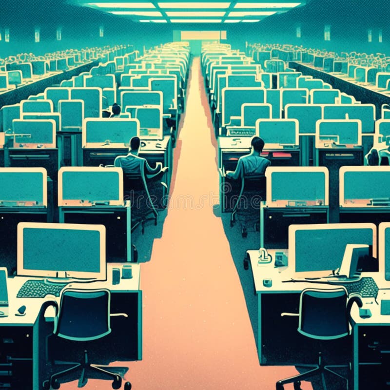 Digital Composite of Computer Room with People Silhouettes and Orange ...