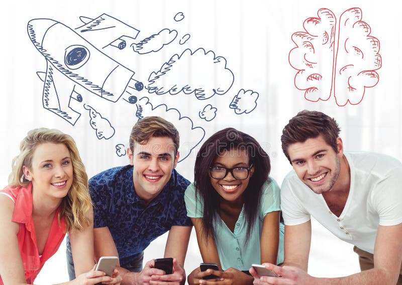 Creative People with Hand-drawn Rocket and Brains Stock Photo - Image ...