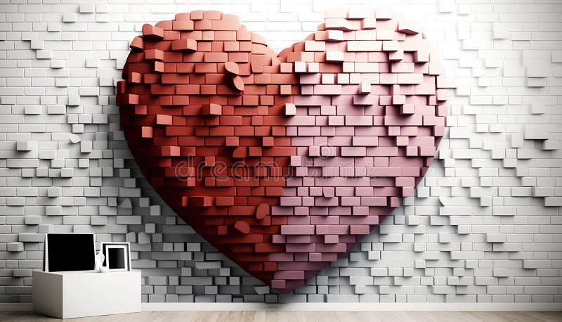 Digital Composite of 3D Heart Against White Brick Wall with Vignette ...