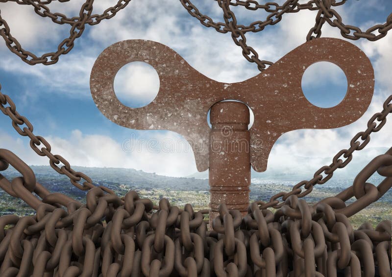 3D Rustic Key and Chains with Sky Stock Illustration - Illustration of ...