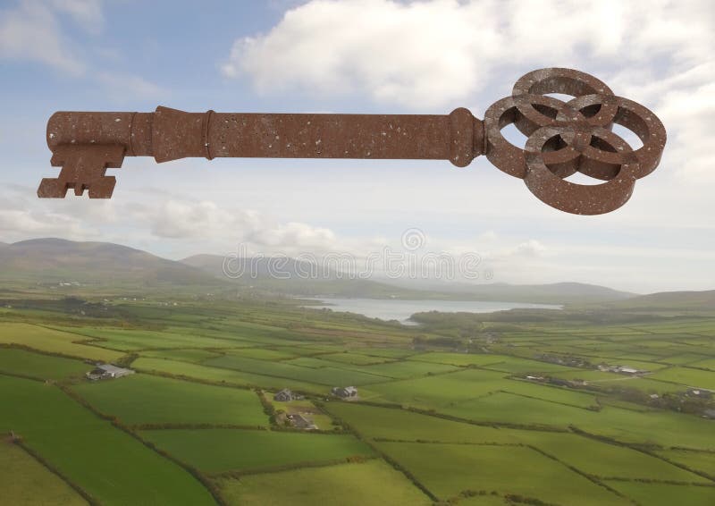 3D Rustic Key Floating Over Green Landscape Stock Photo - Image of ...