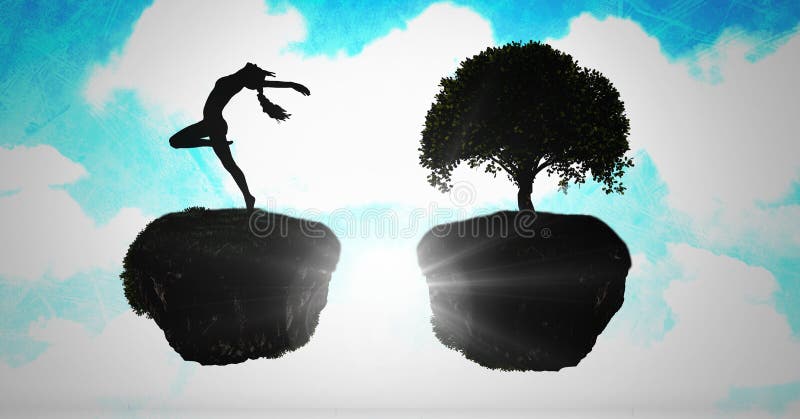 Dancing Lady and Floating Tree in Surreal Sky Stock Illustration ...