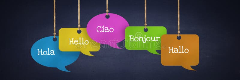 Different Languages Text on Hanging Paper Speech Bubbles Stock ...