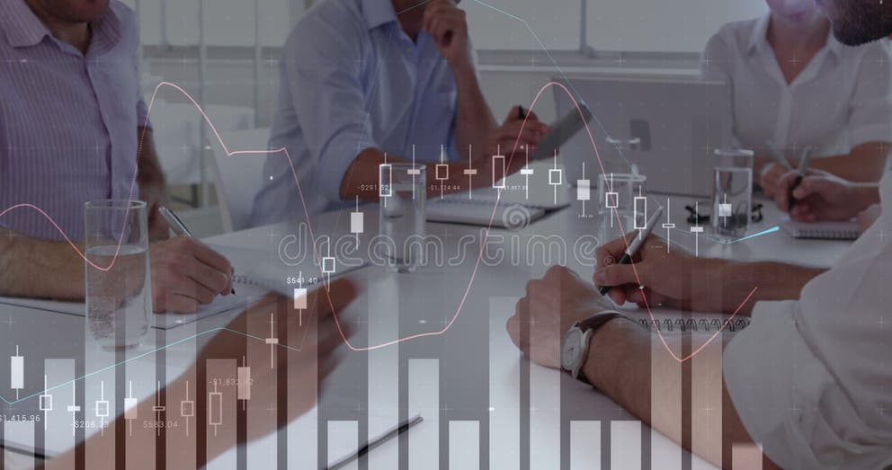 Digital Composite of Diverse Employees in a Table Meeting while Graphs ...
